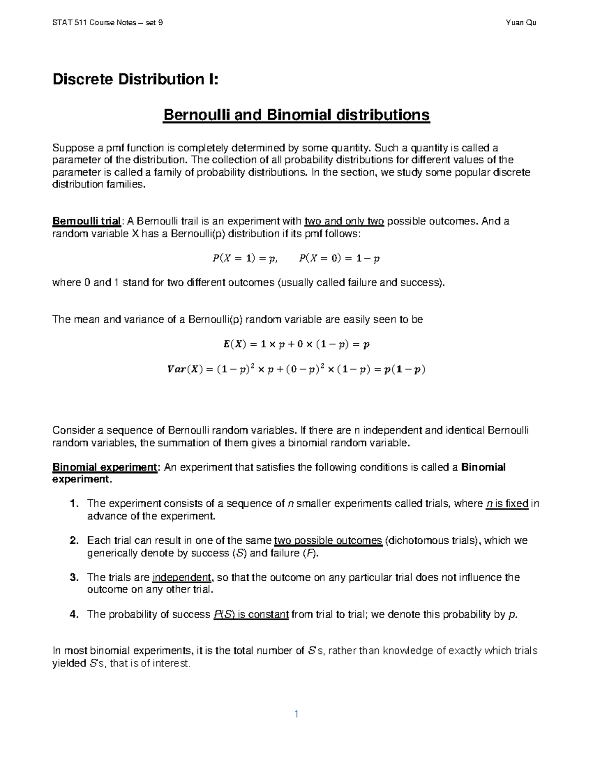 Notes 09 Bernoulli Binomial Hypergeometric And Negative Binomial Distribution Ch3 S Discrete
