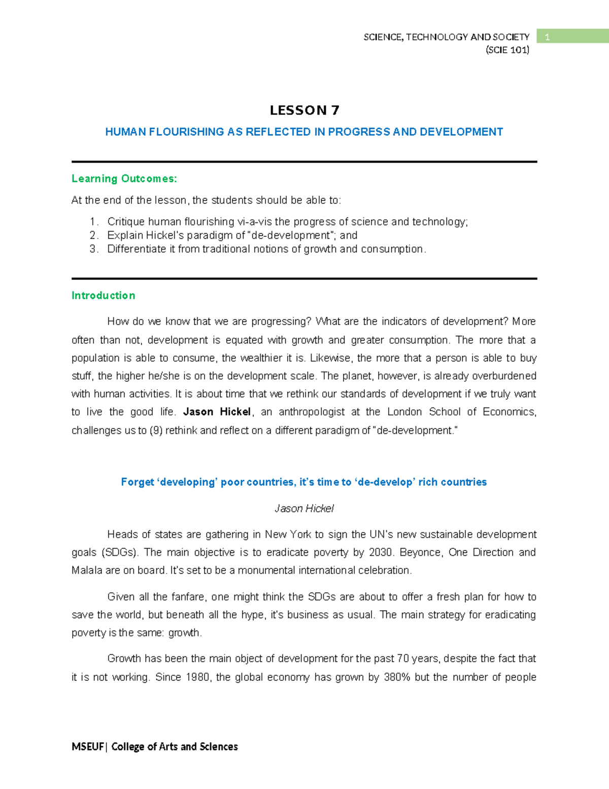 WEEK 11 STS Asynchronous Module 7 - (SCIE 101) LESSON 7 HUMAN FLOURISHING AS REFLECTED IN ...