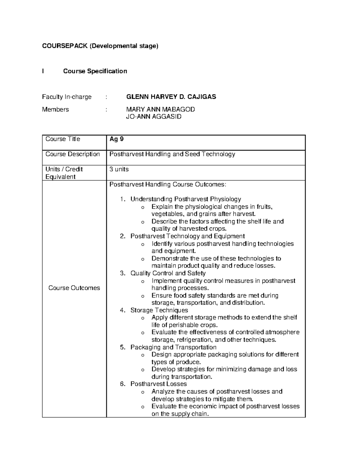 Crop Science - Ag9 Postharvest Handling and Seed Technology (BSA-Animal ...