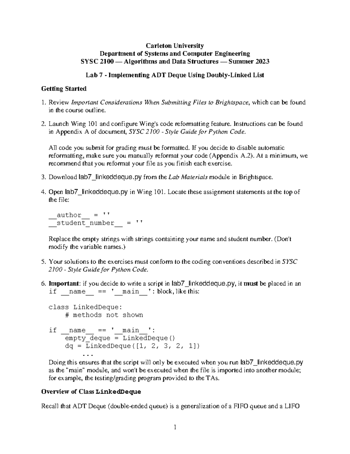 S23 SYSC2100 Lab7 - Summer23 lab support - Carleton University Department of Systems and ...