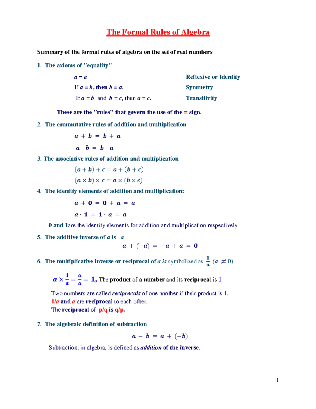 THE Formal Rules OF Algebra - The Formal Rules of Algebra Summary of ...
