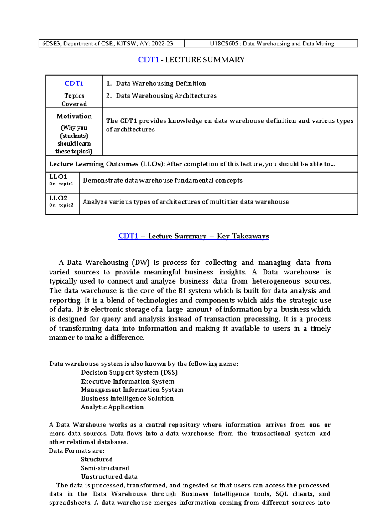 Dwdm Cdt1 Summary 6cse 2022 23 Cdt1 Lecture Summary 6cse3 Department Of Cse Kitsw Ay