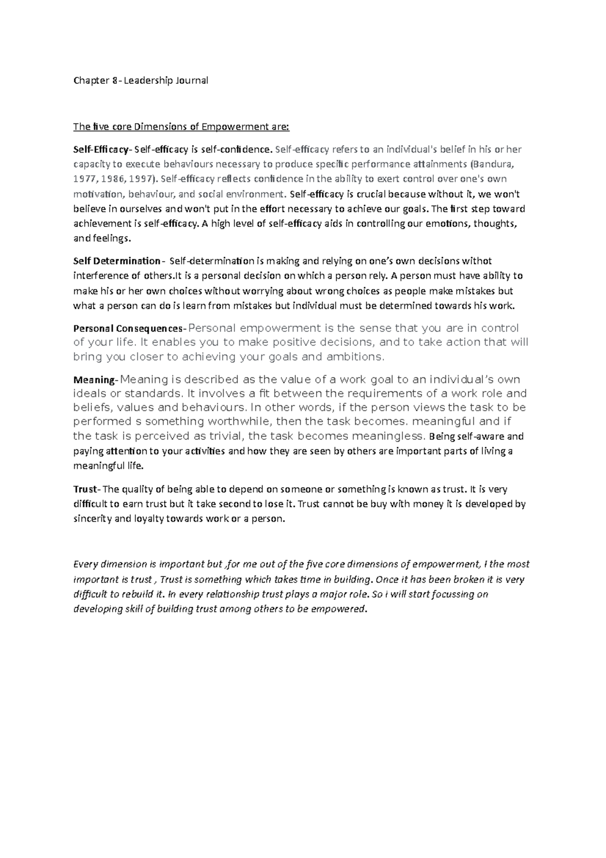 Leadership journal chapter 8 - Chapter 8- Leadership Journal The five ...