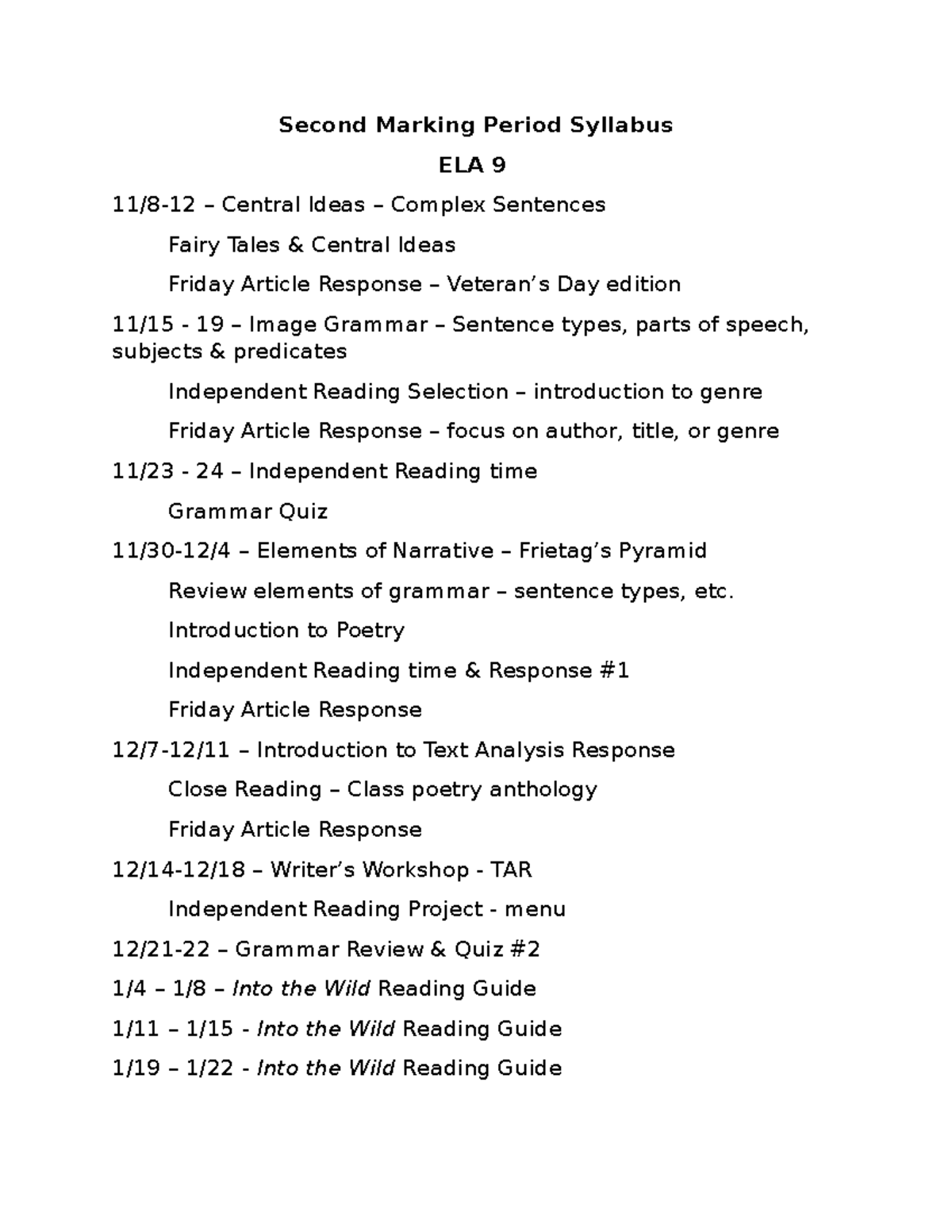 Second Marking Period Syllabus - Introduction to Poetry Independent ...