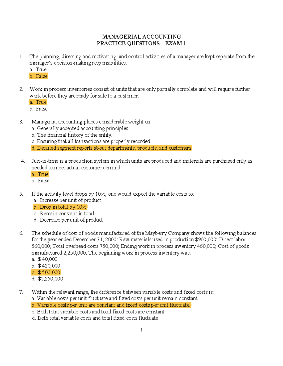 Practice Questions EXAM - MANAGERIAL ACCOUNTING PRACTICE QUESTIONS ...