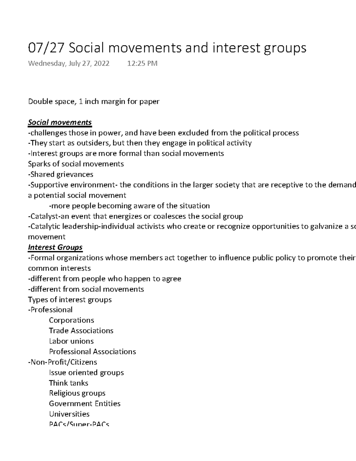 0727 Social movements and interest groups - Double space, 1 inch margin ...