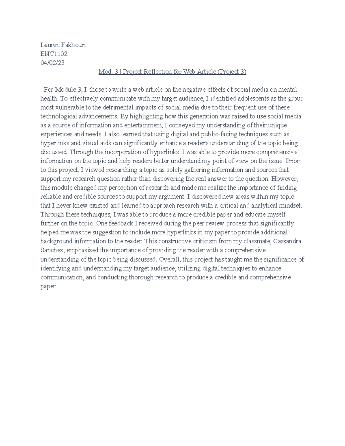Mod. 3 Project Reflection for Web Article (Project 3) - Lauren Fakhouri ENC 04/02/ Mod. 3 ...
