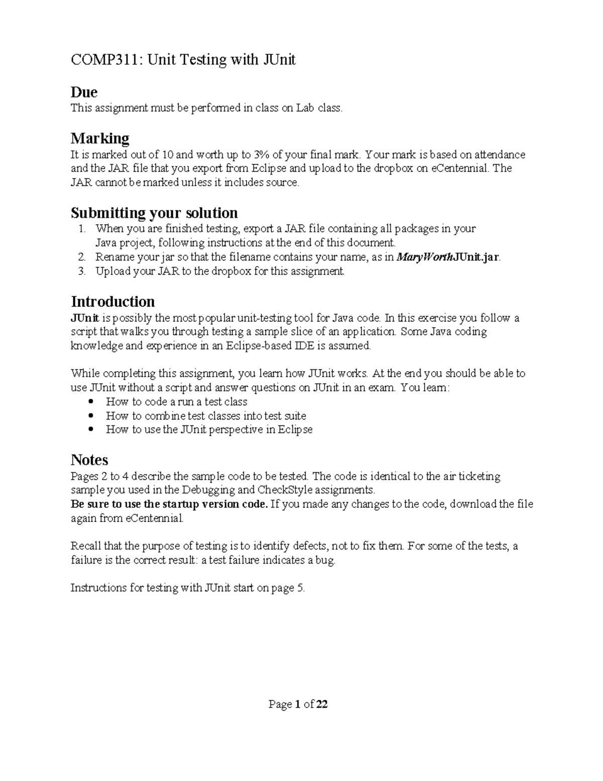 Comp311 Assignment 6 Lab JUnit 4 - Due This assignment must be ...