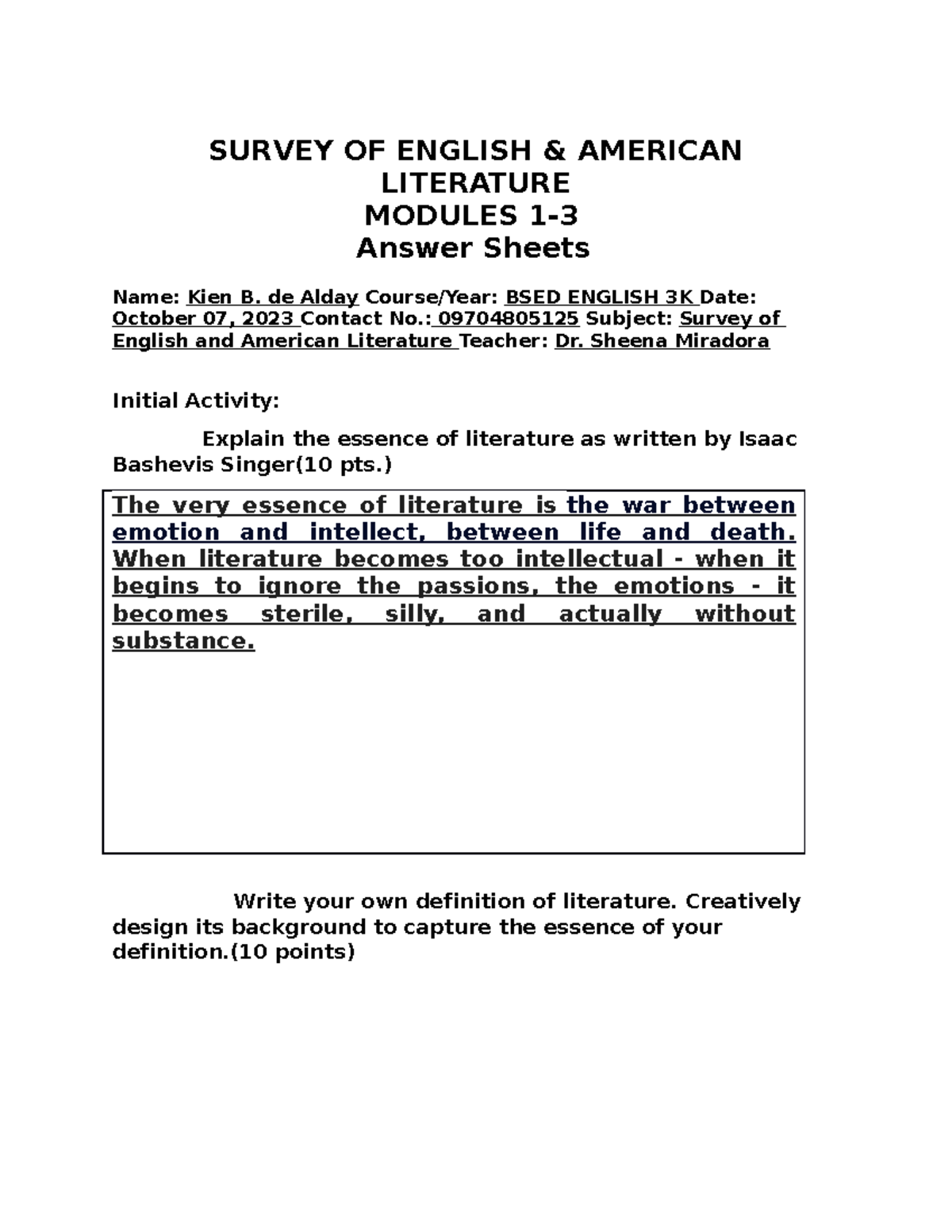 American LIT. MOD 1-3 KIEN DE Alday - SURVEY OF ENGLISH & AMERICAN ...