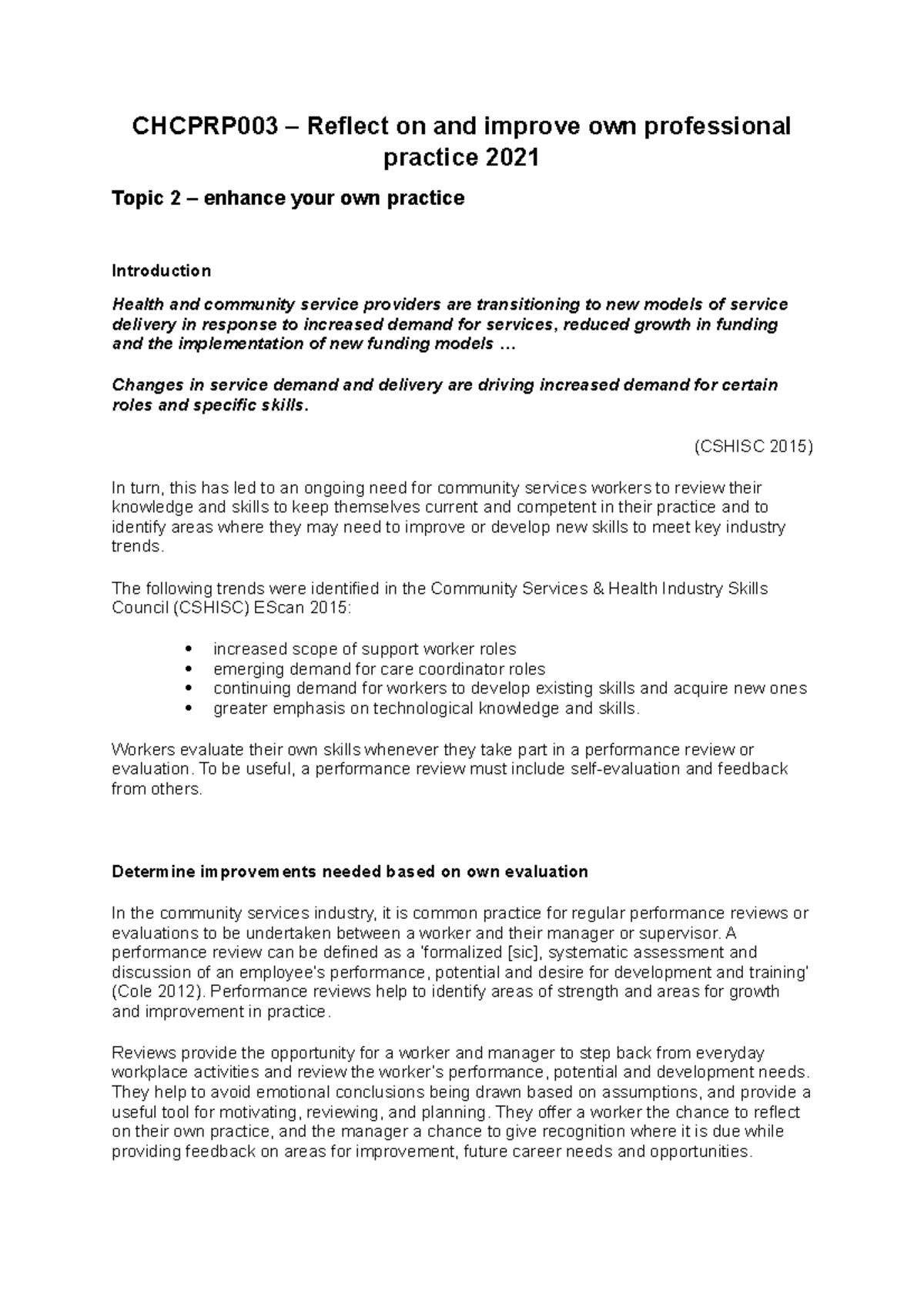 CHCPRP003 - Topic 2 - CHCPRP003 – Reflect on and improve own ...