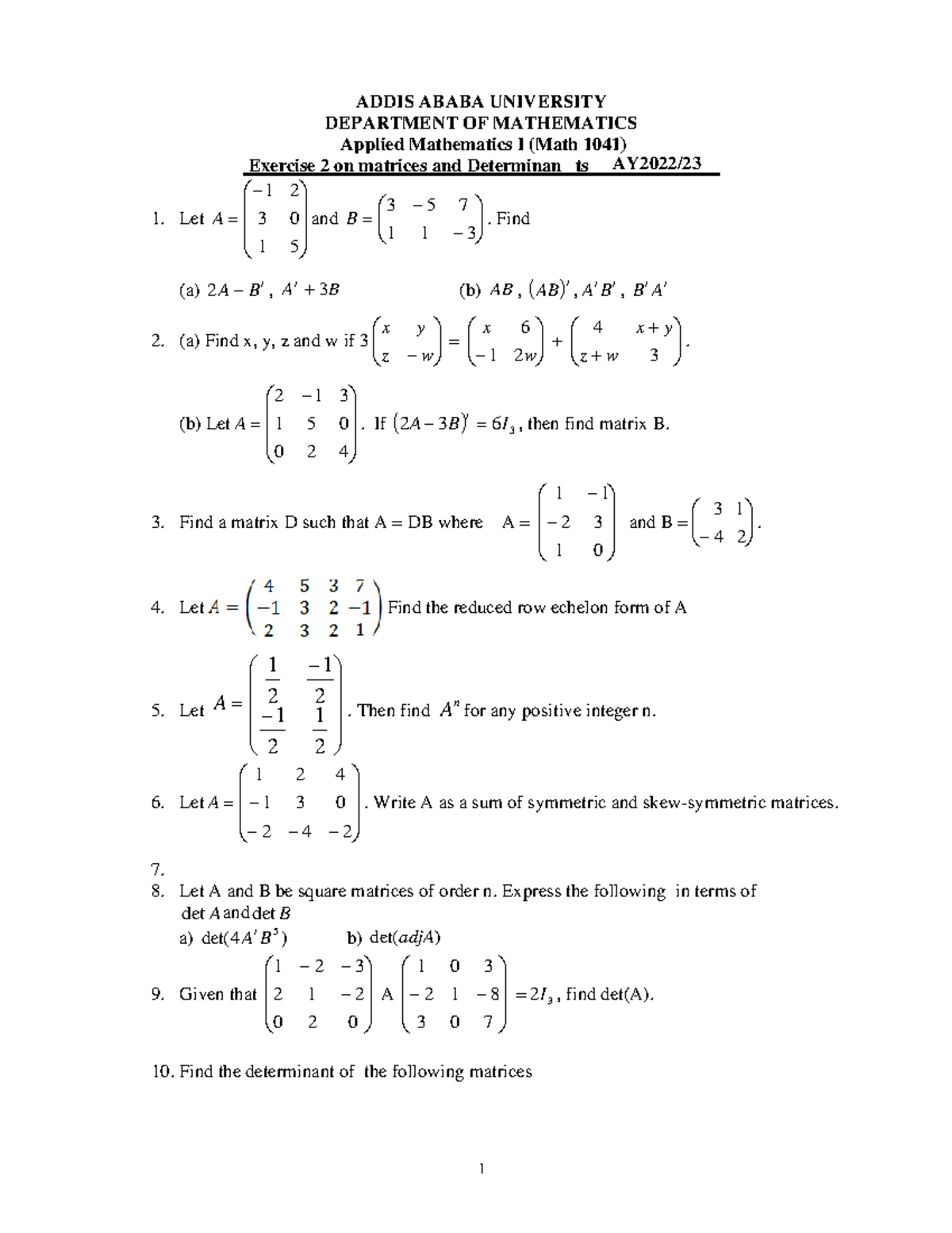 Applied Mathematics I (Math 1041) Worksheet II - 1 DEPARTMENT OF MATHEMATICS ADDIS ABABA ...