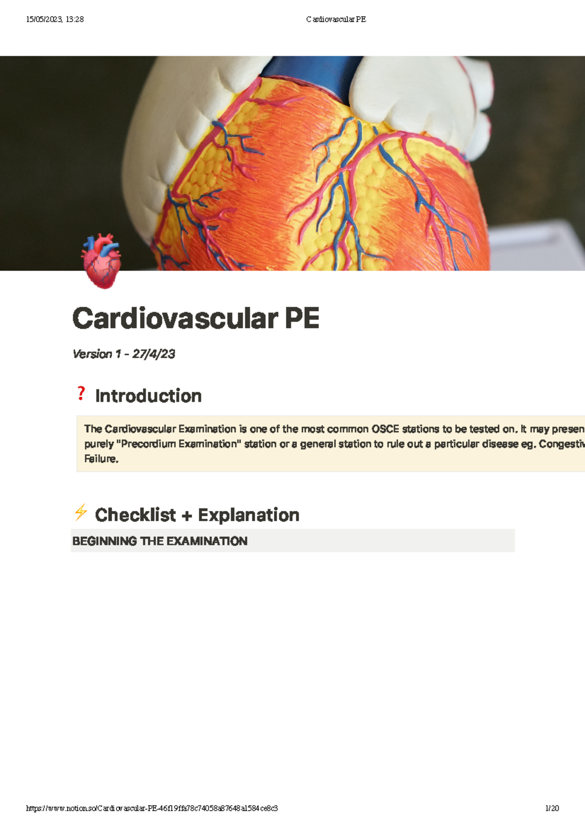 Cardiovascular PE - Cardiovascular PE 🫀 Version 1 - 27/4/ Introduction ...