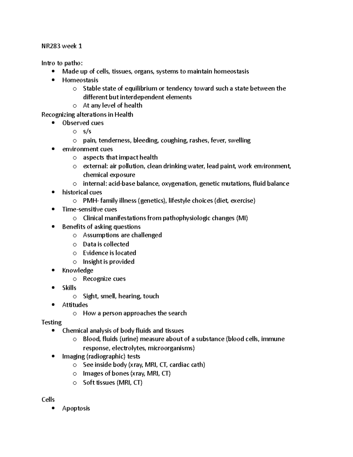 NR283 week 1 - week 1 edapt - NR283 week 1 Intro to patho: Made up of ...
