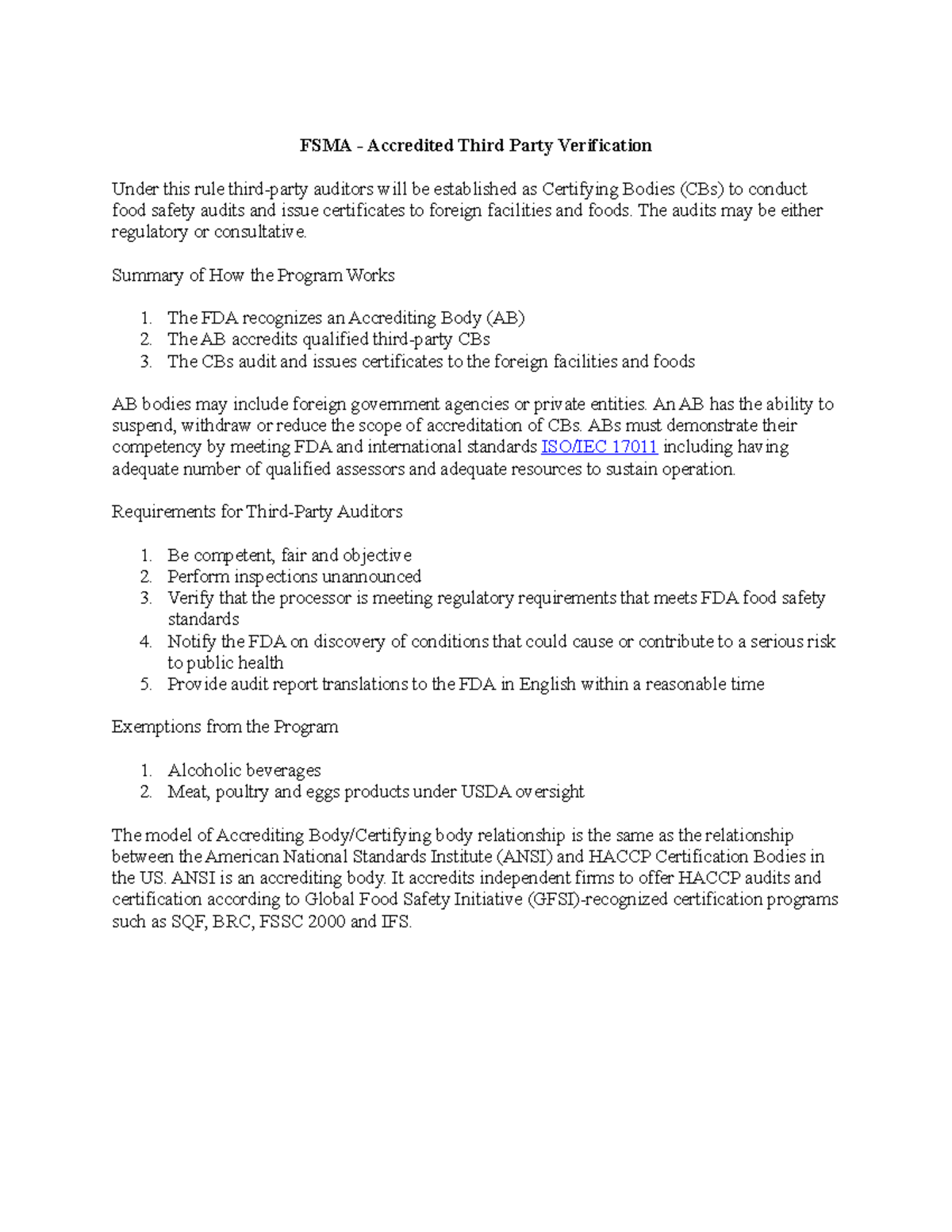 FSMA - Accredited Third Party Verification - The audits may be either ...