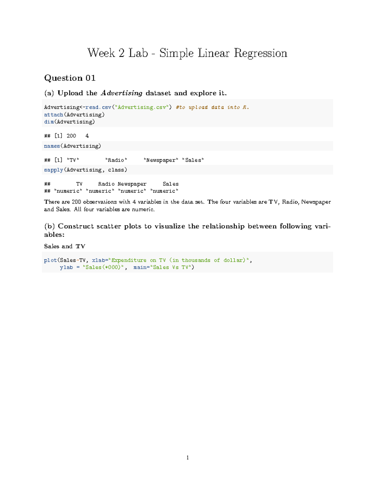 Week 2 Lab Answers - Week 2 Lab - Simple Linear Regression Question 01 (a) Upload the ...