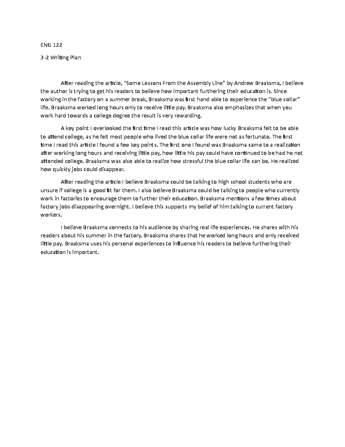 3-2 - coursewrok - ENG 122 3-2 Writing Plan After reading the article ...