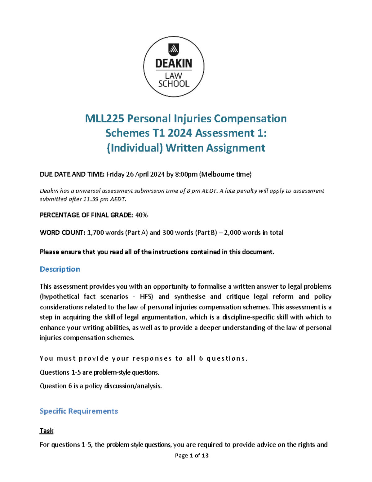 MLL225 T1 2024 Assessment 1 Instructions and Questions - MLL225 ...