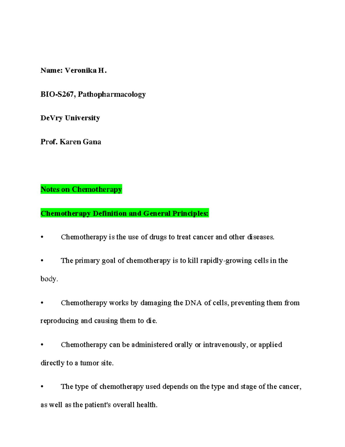 Chemotherapy Notes - Namе: Vеronika H. BIO-S267, Pathopharmacology ...