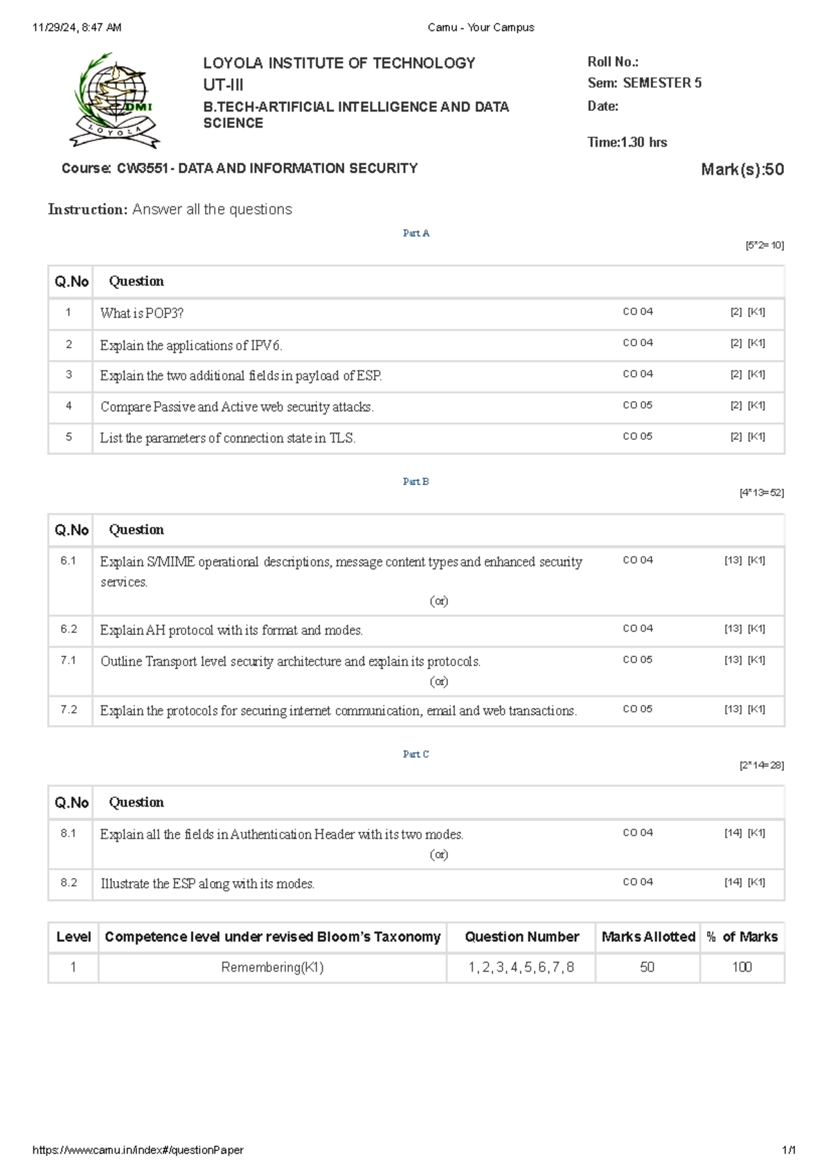 UNIT TEST-3 DIS - ... - Instruction: Answer all the questions Part A [5 ...