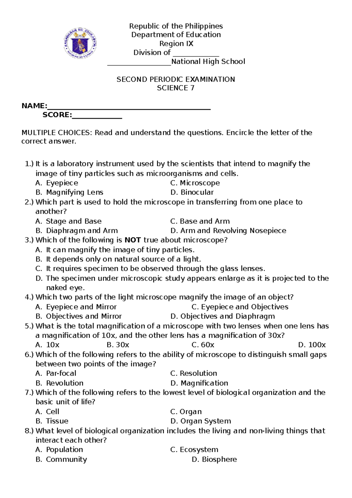TQ Q2 Science sample - Republic of the Philippines Department of Education Region IX Division of ...