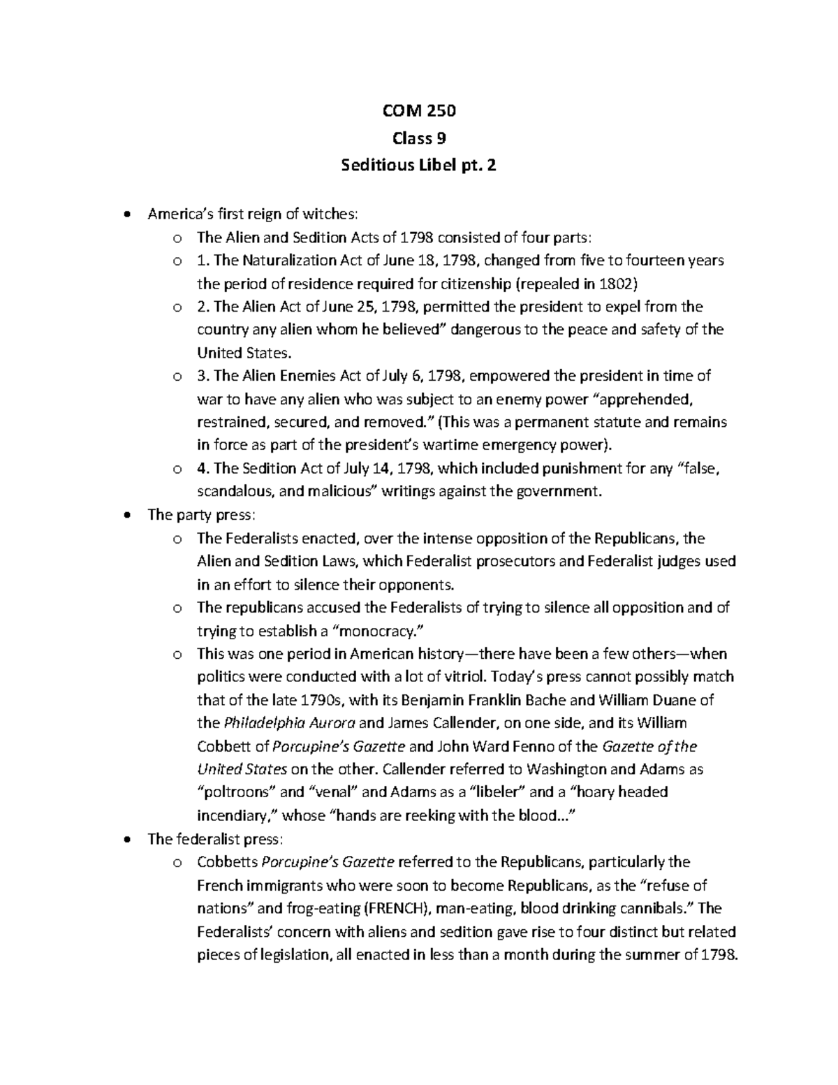 COM 250 Class 9 - Lecture notes 9 - COM 250 Class 9 Seditious Libel pt ...