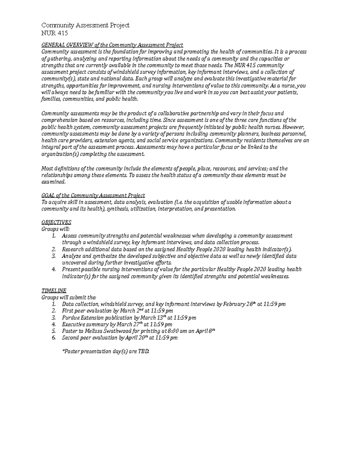 Community Assessment Project instructions Jan. 2020 - NUR 415 GENERAL ...