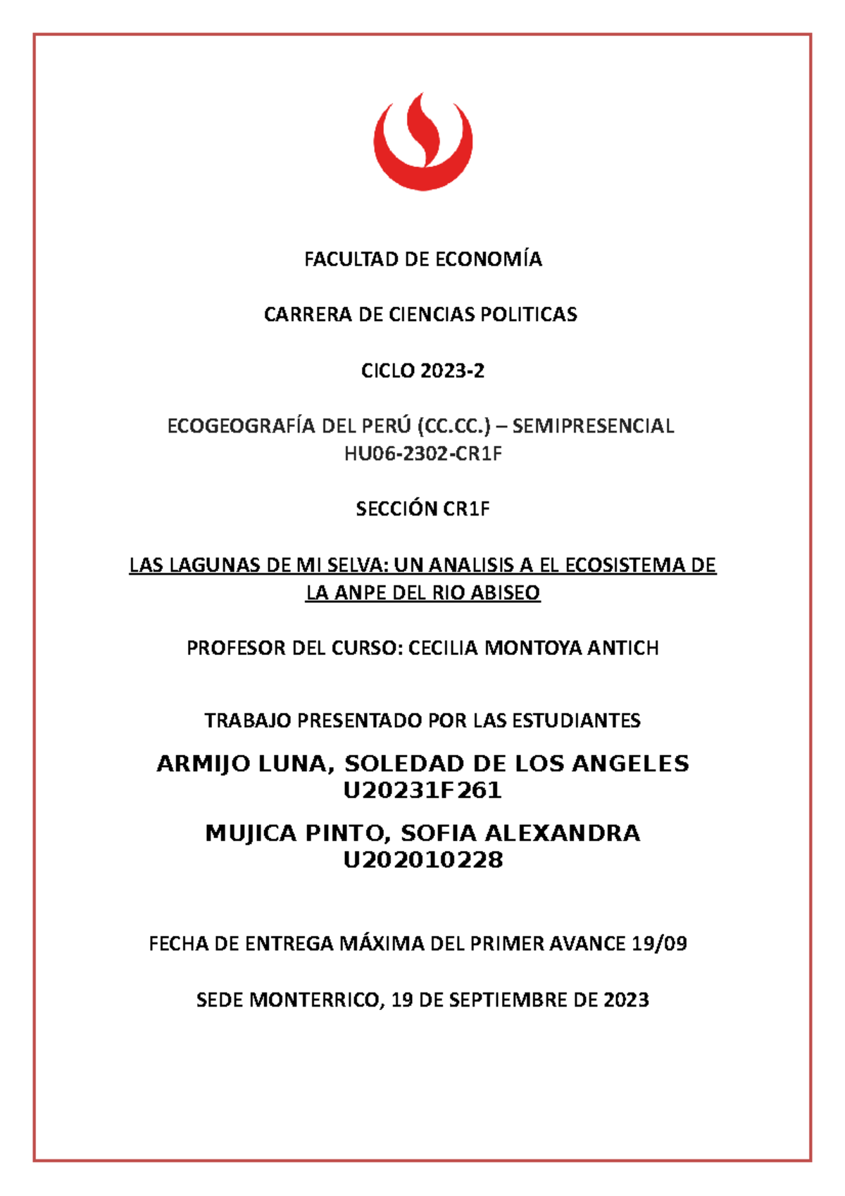 Modelo de carátula para trabajos UPC - FACULTAD DE ECONOMÍA CARRERA DE CIENCIAS POLITICAS CICLO ...