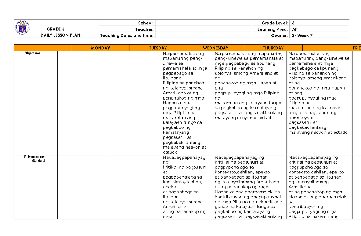 AP DLL G6 Q2 W7-1 - DLL - GRADE 6 DAILY LESSON PLAN School: Grade Level ...