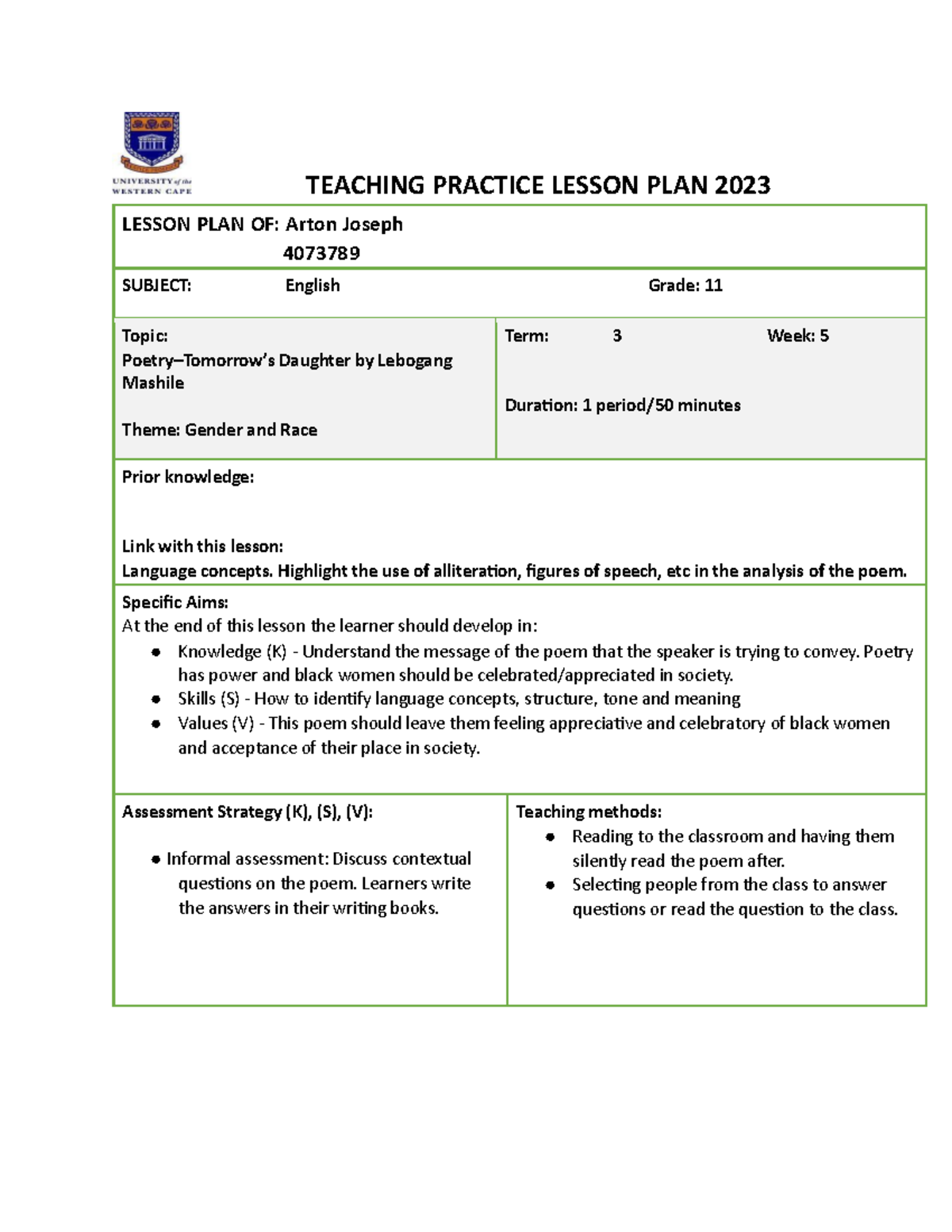 Lesson Plan Tomorrow's Daughter English Grade 11 - TEACHING PRACTICE ...