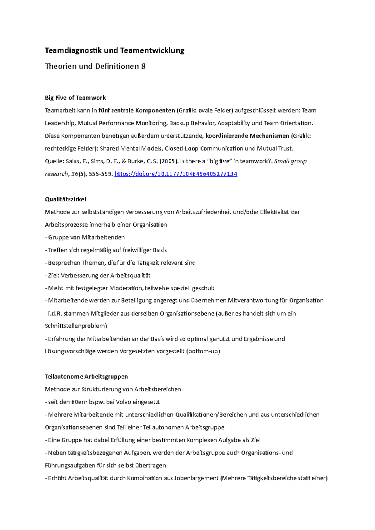 Theorien und Definitionen 8 - Big Five of Teamwork, Qualitätszirkel ...