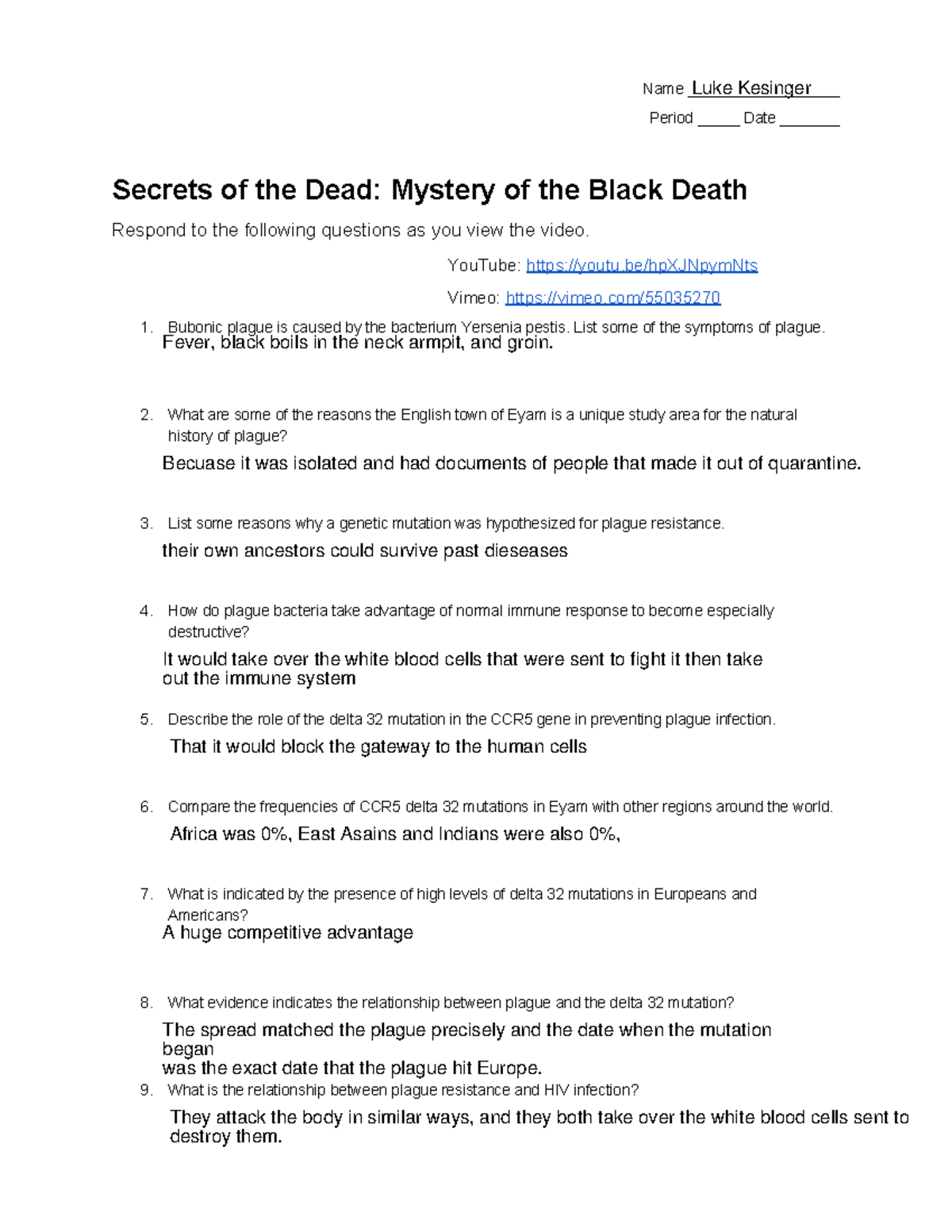 The Mysteryofthe Black Death Video Guide-1 - Name ...