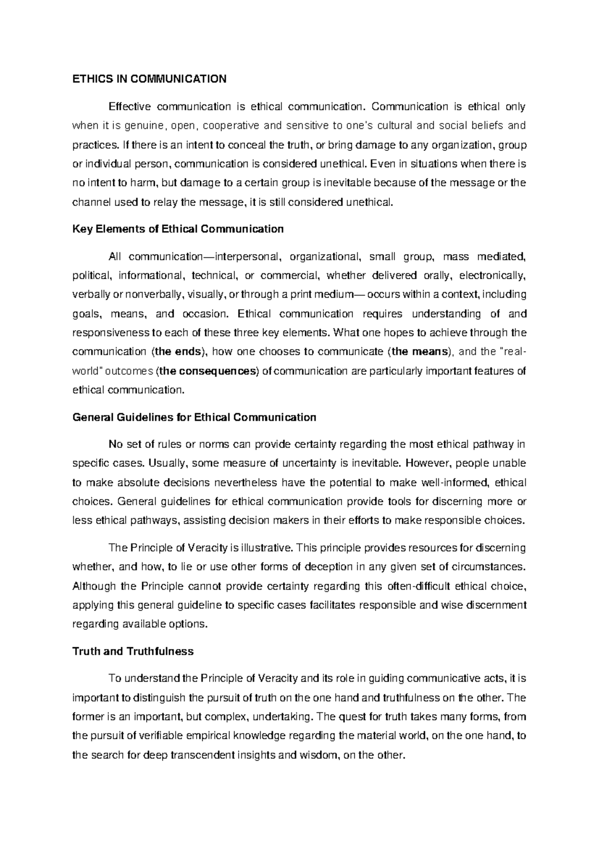 Ethics in Communication - ETHICS IN COMMUNICATION Effective ...