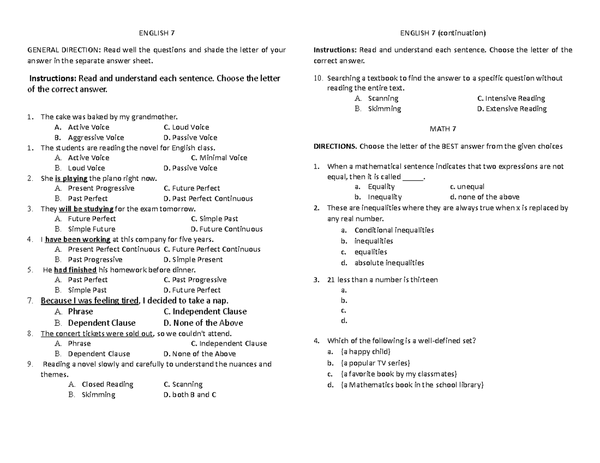 MOCK TEST GR 7 - education - ENGLISH 7 GENERAL DIRECTION: Read well the ...