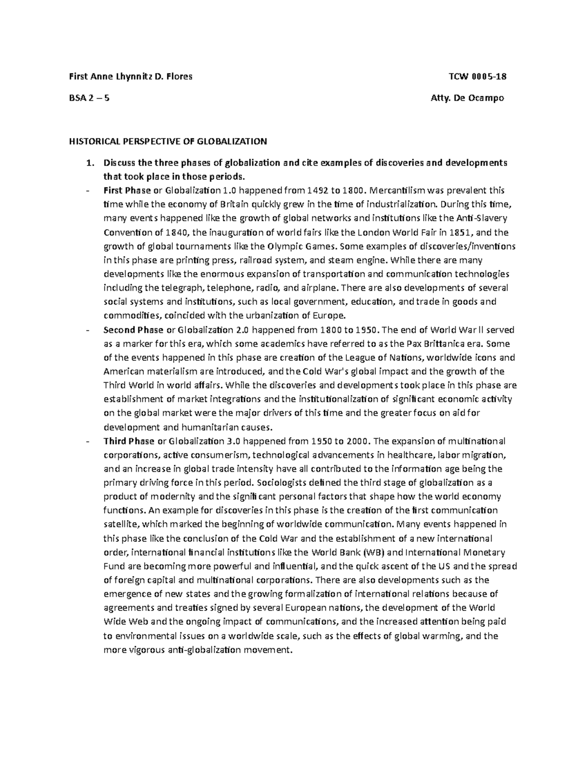 TCW - Assignment 3 - CRRFTUH - First Anne Lhynnitz D. Flores TCW 0005- BSA 2 – 5 Atty. De Ocampo ...