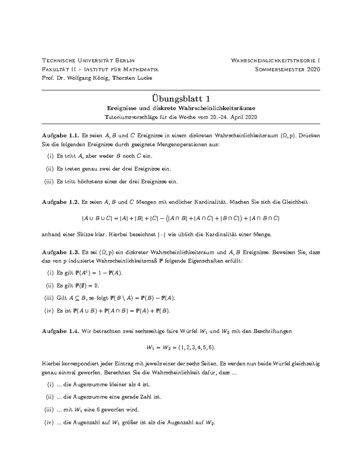 Ereignisse und diskrete Wahrscheinlichkeitsräume - Technische ...