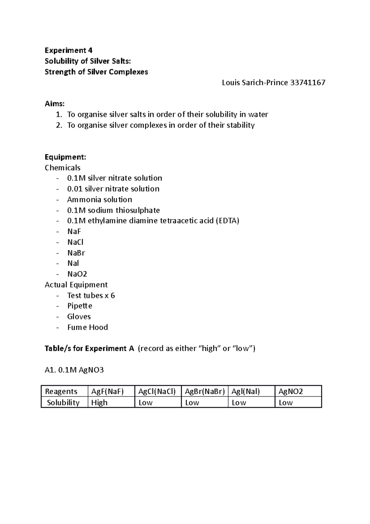 Experiment 4 Report - Experiment 4 Solubility of Silver Salts: Strength ...