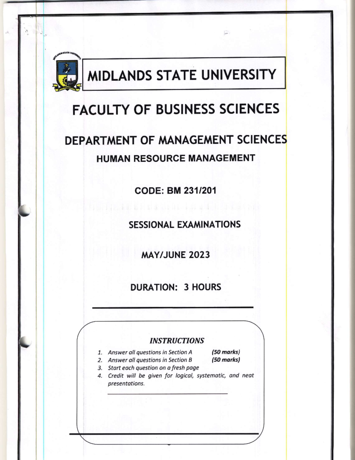 BM231 JUN 2023 - Test Paper - human resources management - Studocu