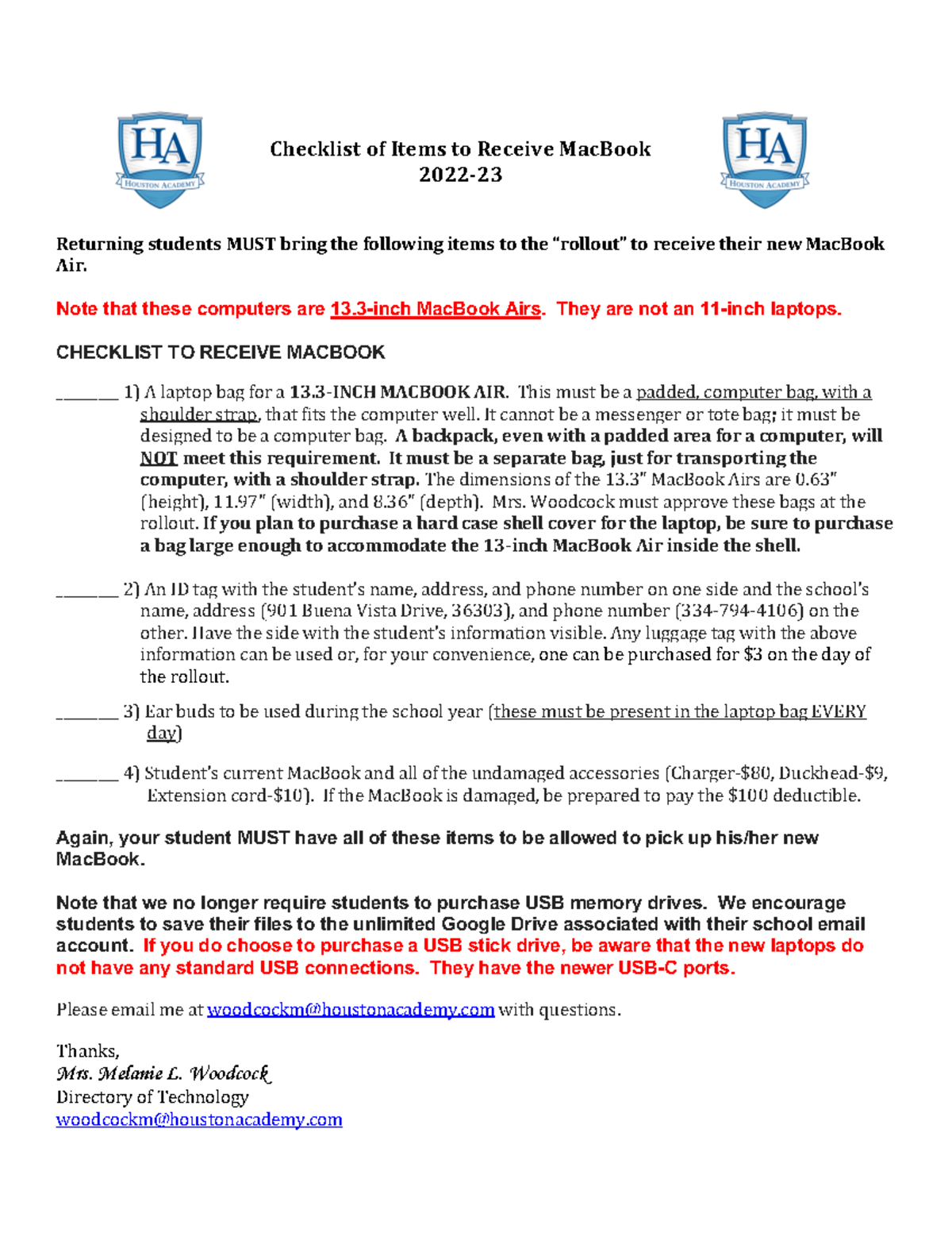 Returning Students-Checklist of Items to Receive Mac Book-2022-23 ...