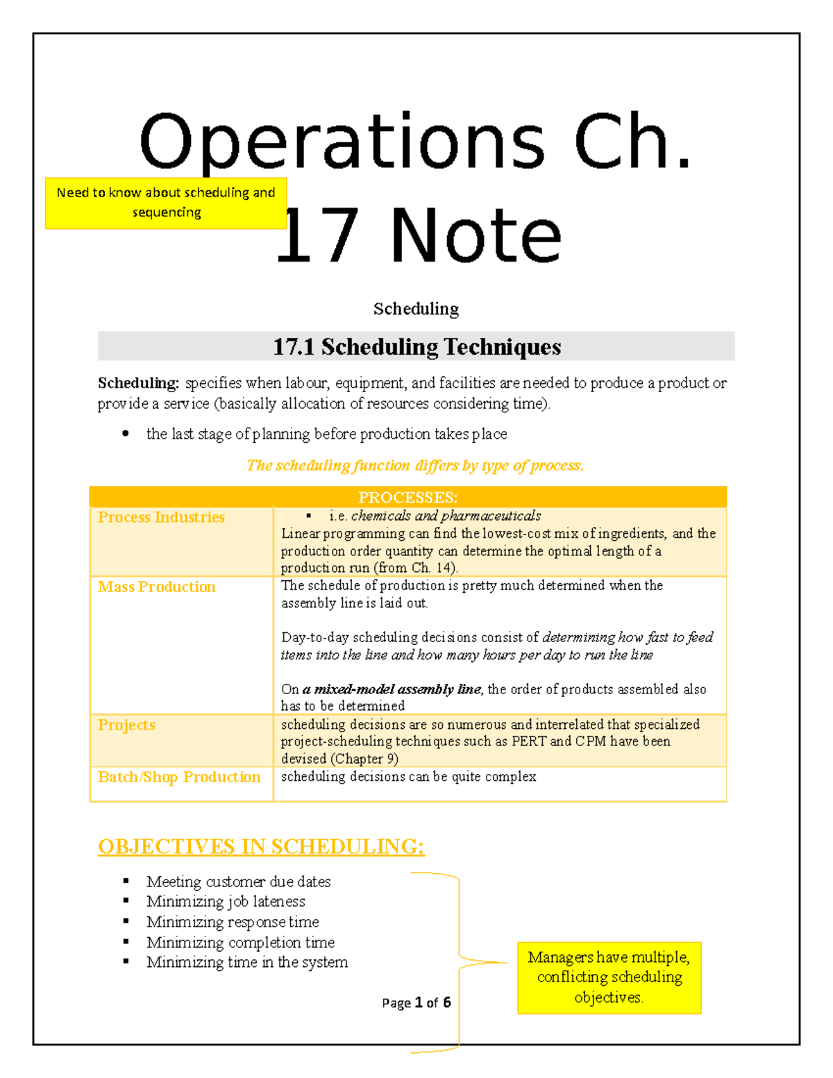 Operations Ch 17 Note - Operations Ch. 17 Note Scheduling 17 Scheduling ...