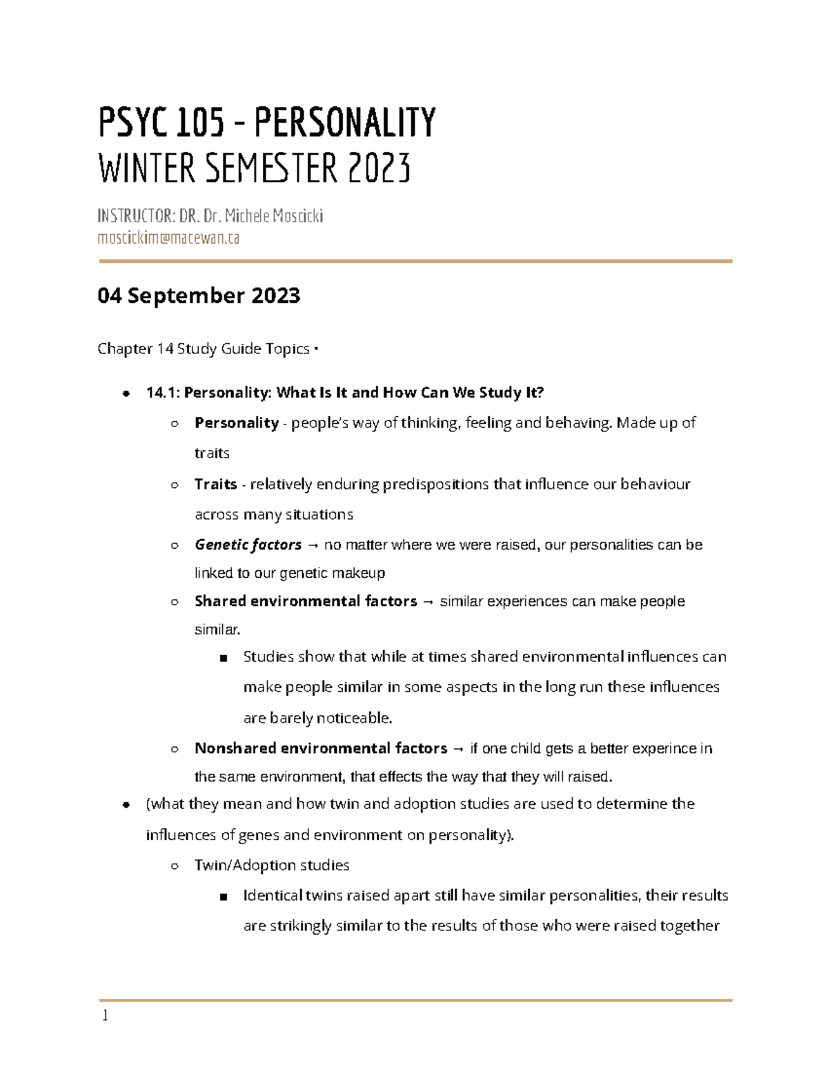 Ch. 14- Personality - PSYC 105 - PERSONALITY WINTER SEMTER 2023 INSTRUCTOR: DR. Dr. Michele ...