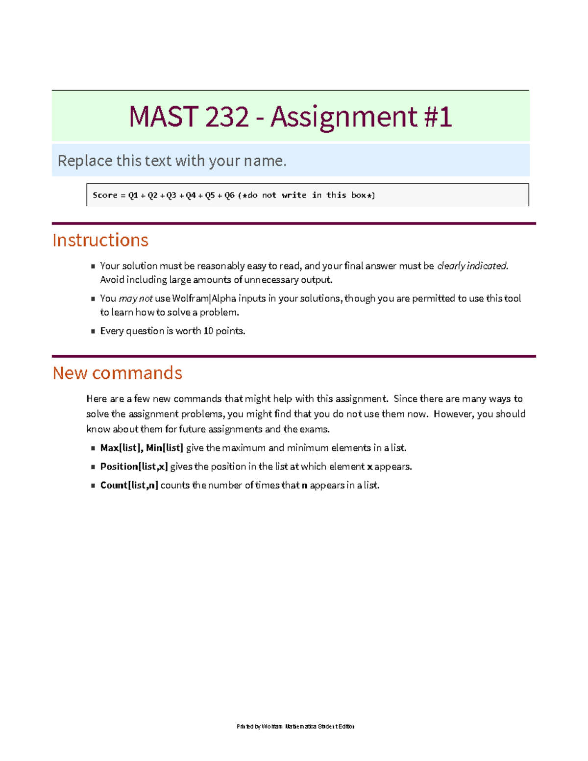 Assignment 1 Solutions - MAST 232 - Assignment Replace this text with ...