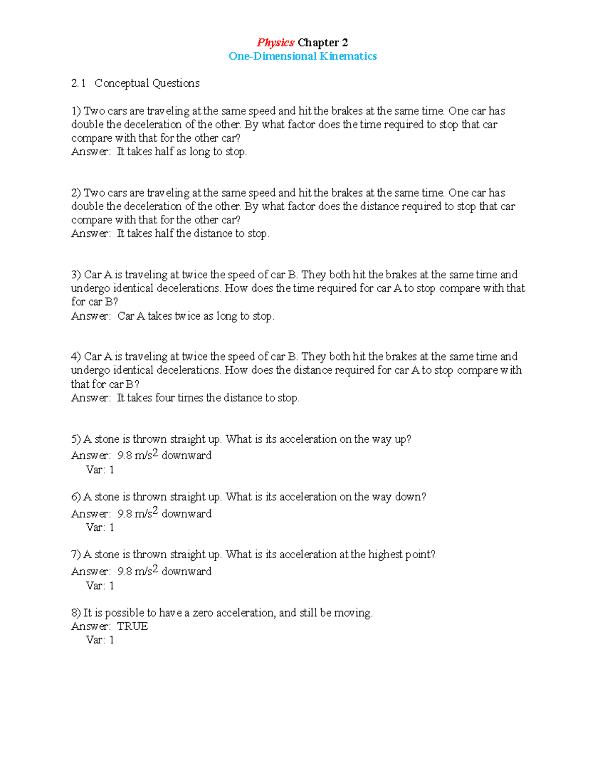 Physics Test One-Dimensional Kinematics - Physics Chapter 2 One ...