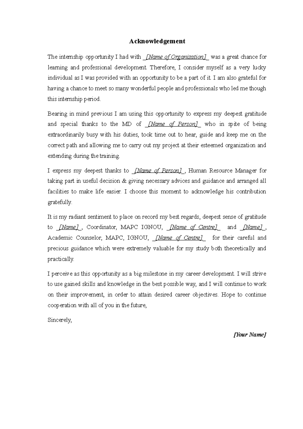 Aknowledgement - An acknowledgement - masters in psychology - IGNOU ...