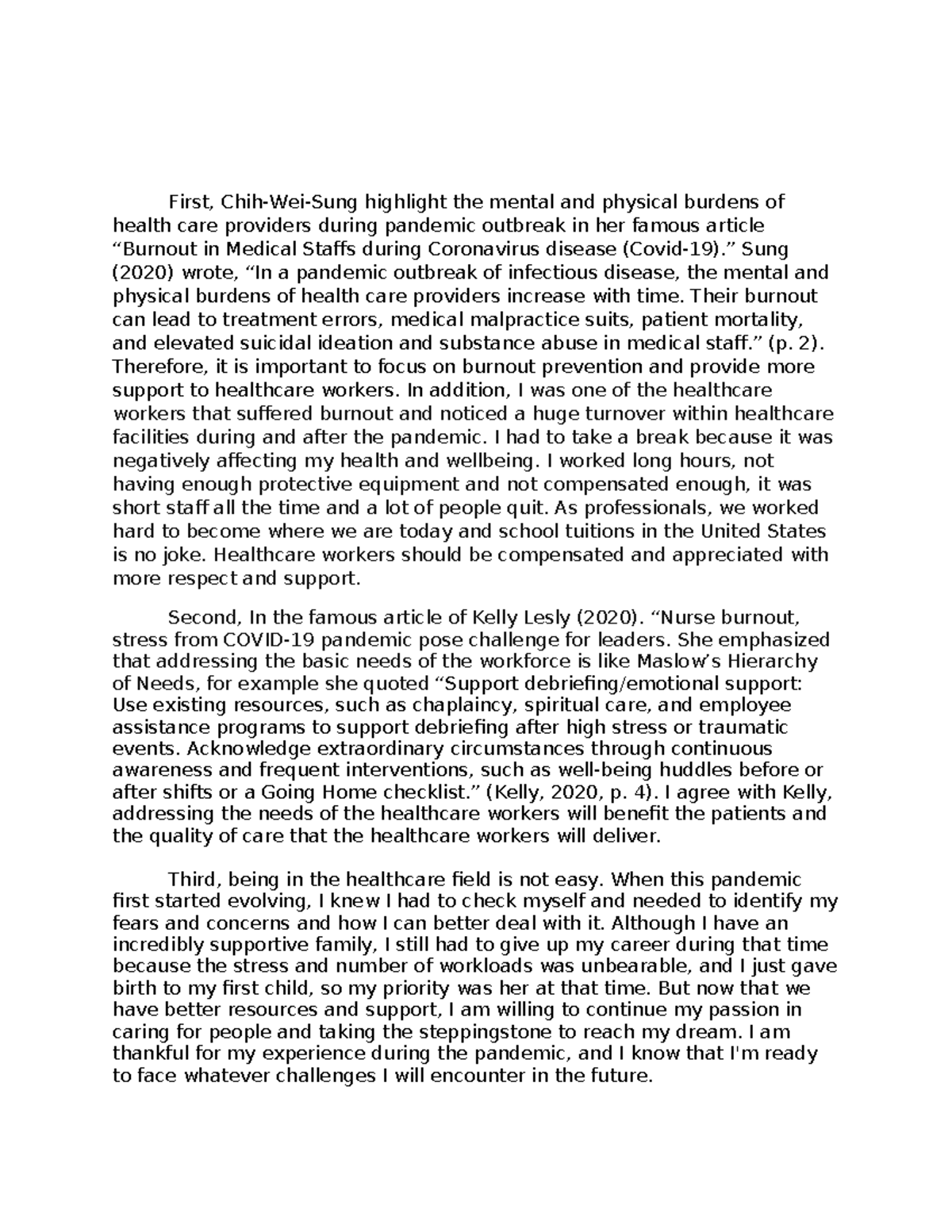 Body Paragraph - First, Chih-Wei-Sung highlight the mental and physical ...