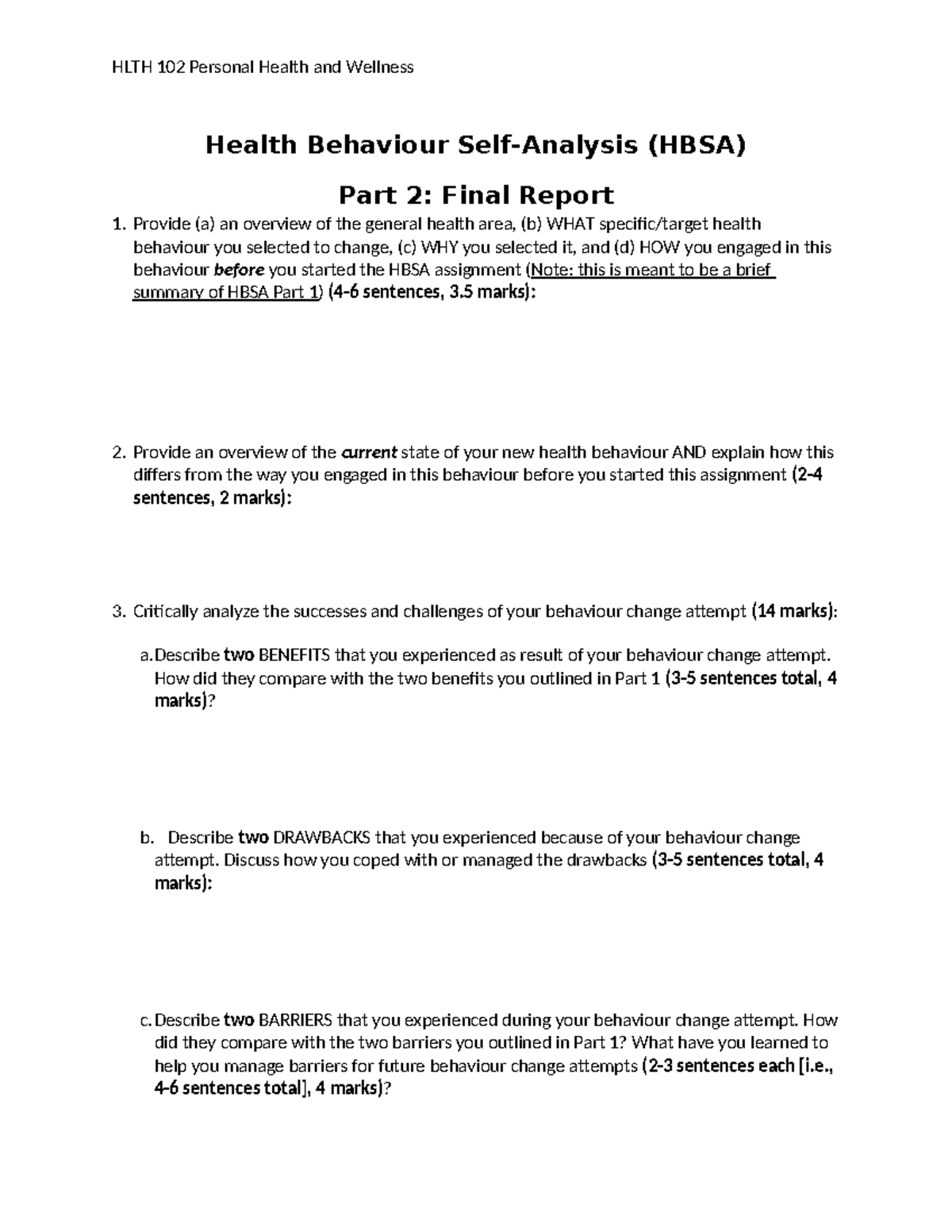 HBSA Part 2 (Final Report) Template W2024 - HLTH 102 Personal Health ...