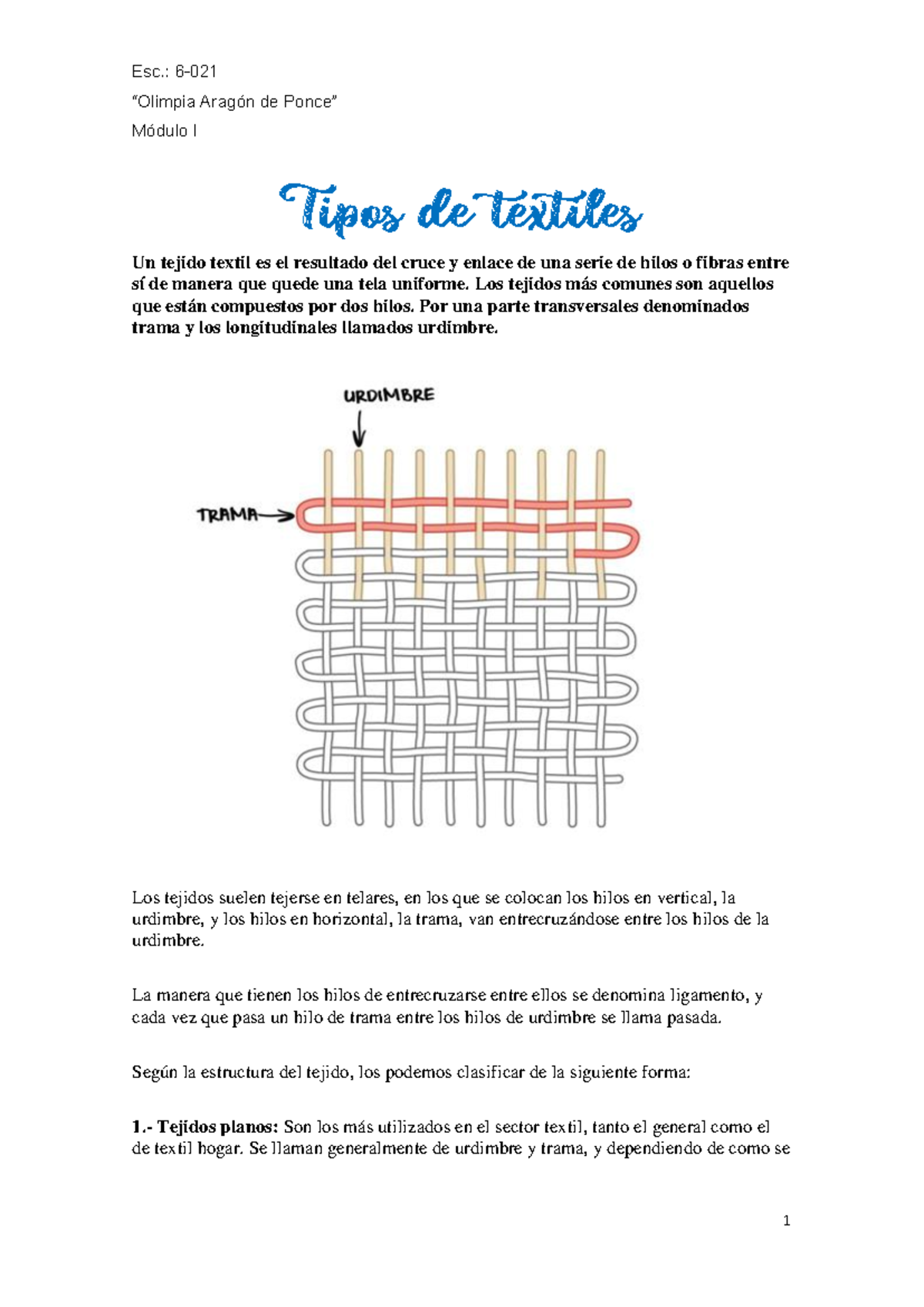 Clasificacion de los textiles - “Olimpia Aragón de Ponce” Módulo I ...