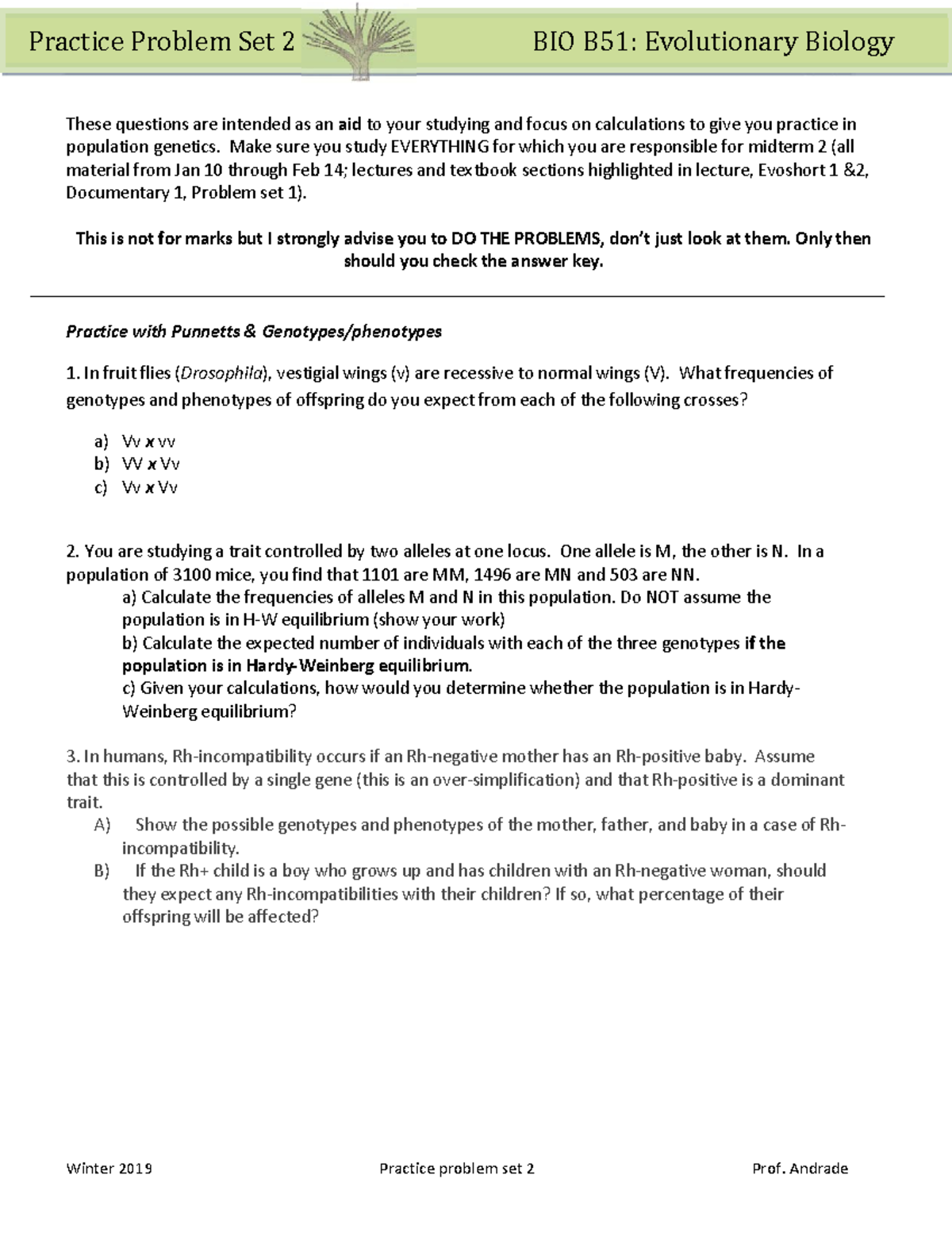 Practice Problem Set 2 BIOB51-2019-no mutation - Page | 1 These questions are intended as an aid ...