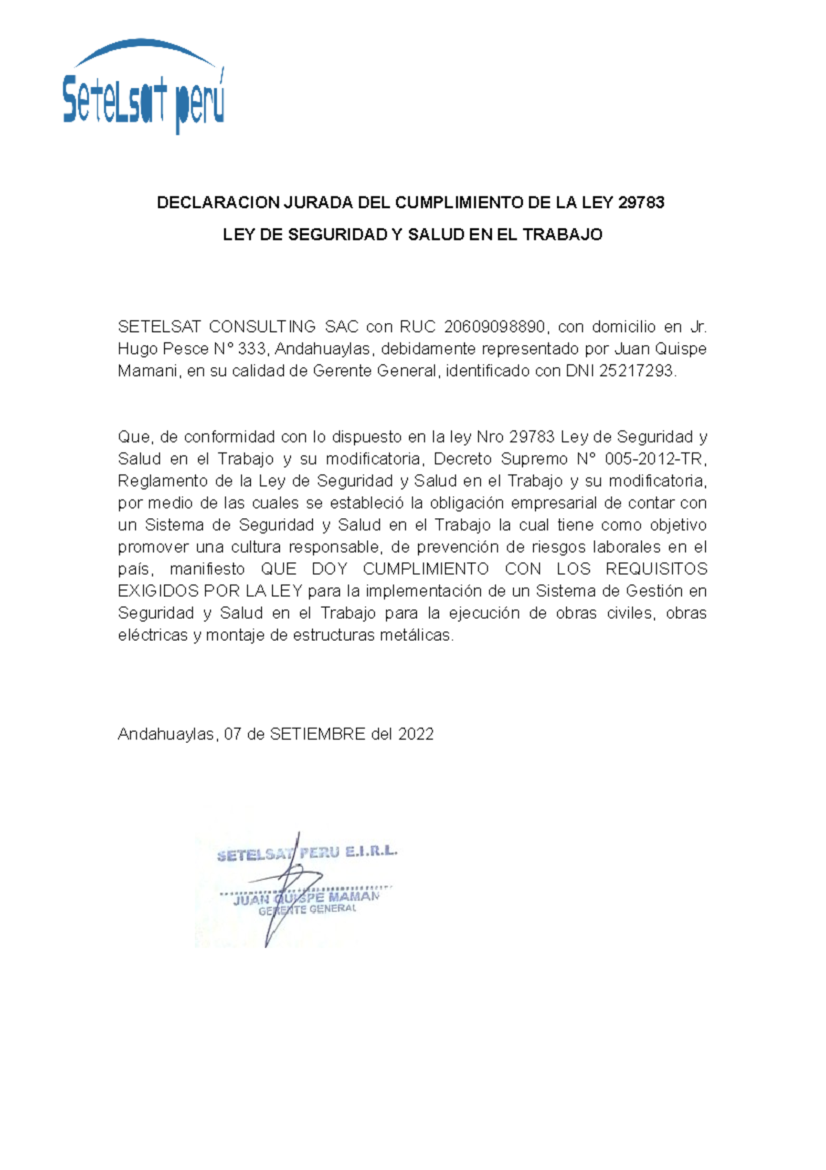 Formato De Declaracion Jurada De Cumplimiento De Normas