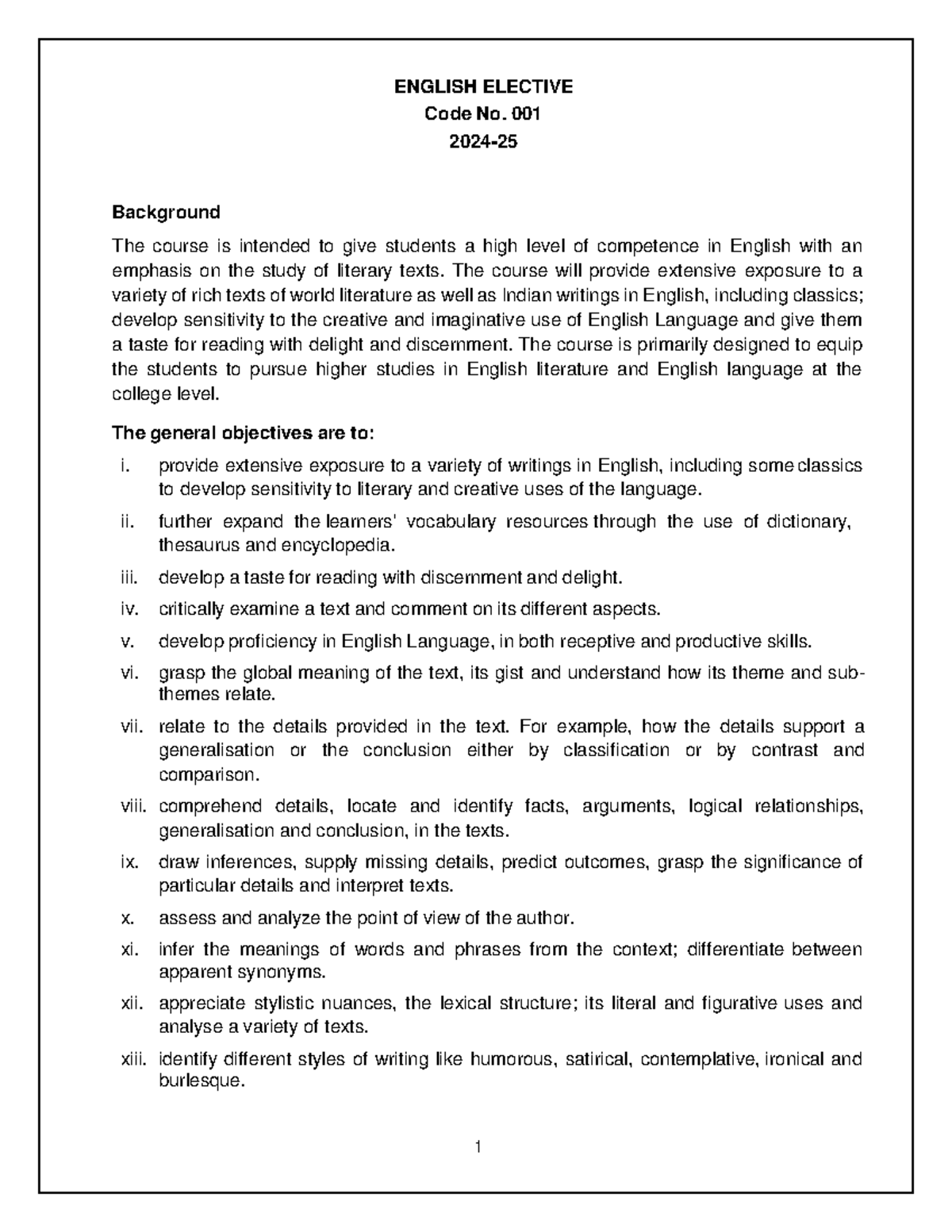 English elective Sr Sec 2024-25 - ENGLISH ELECTIVE Code No. 001 2024 ...