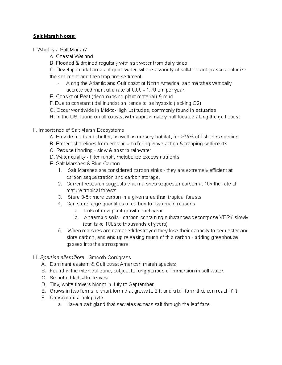 Salt Marshes and Mangroves - Student Notes - Salt Marsh Notes: I. What ...